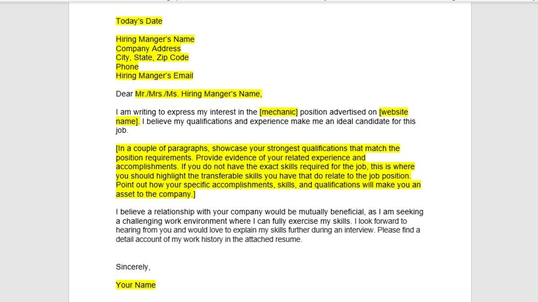 Mechanic Cover Letter, Mechanic, Cover Letter Template, Editable Cover ...