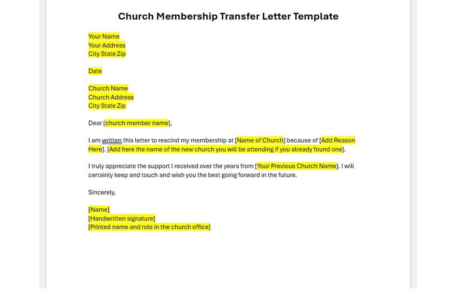 Church Membership Transfer Letter Template, Transfer Letter Template ...