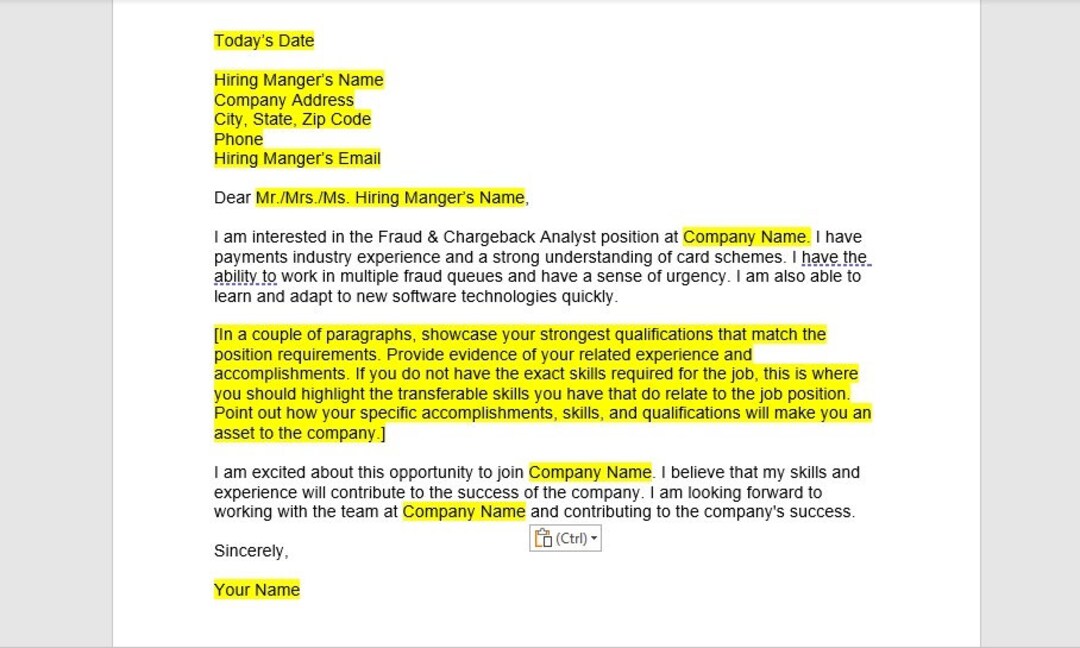 Fraud & Chargeback Analyst Cover Letter, Chargeback Analyst Cover ...