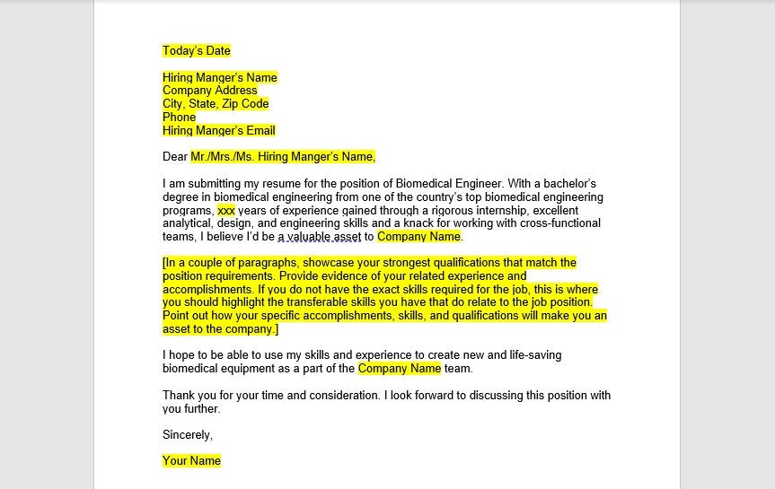 Biomedical Engineer Cover Letter, Cover Letter Template, Editable Cover ...