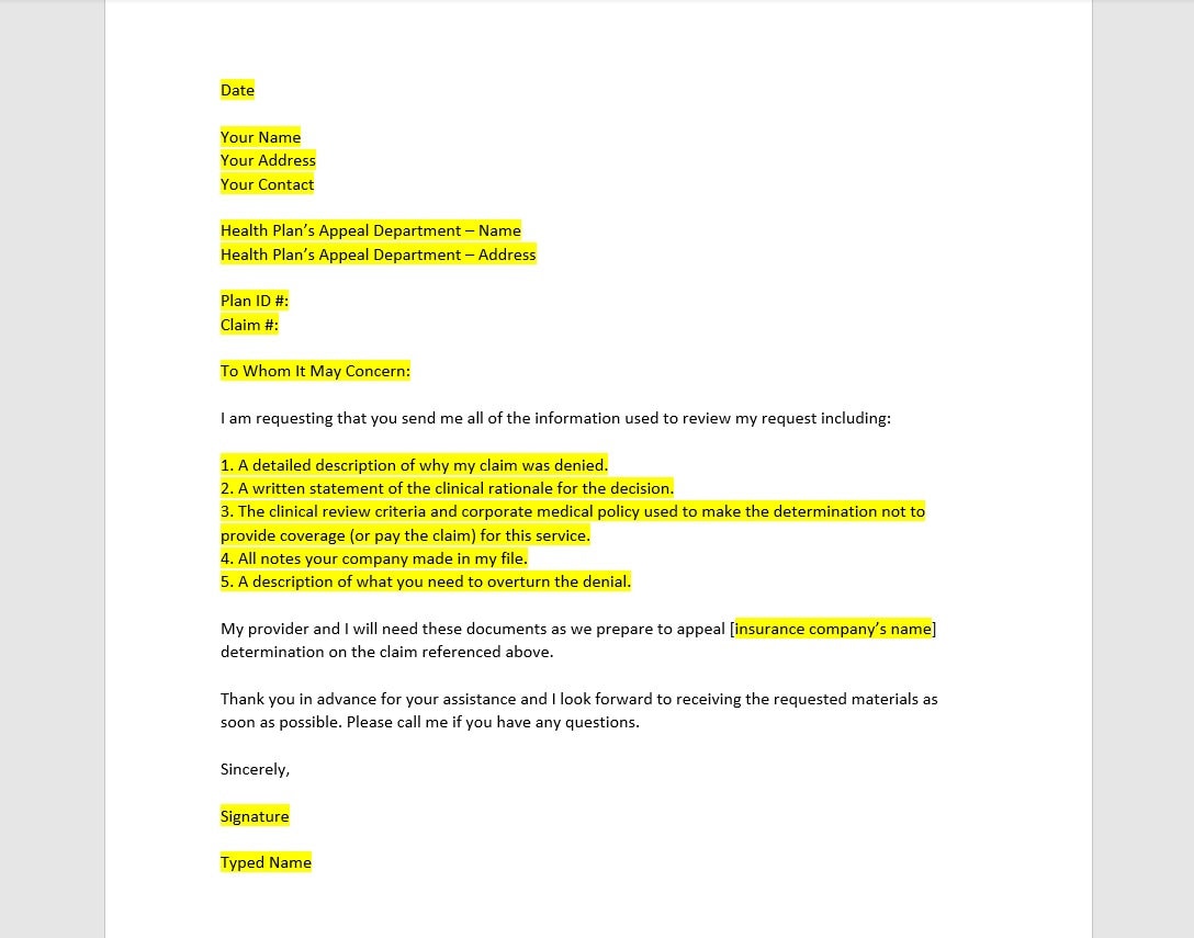 Letter Template to Request Health Plan Documents, Request Health Plan ...