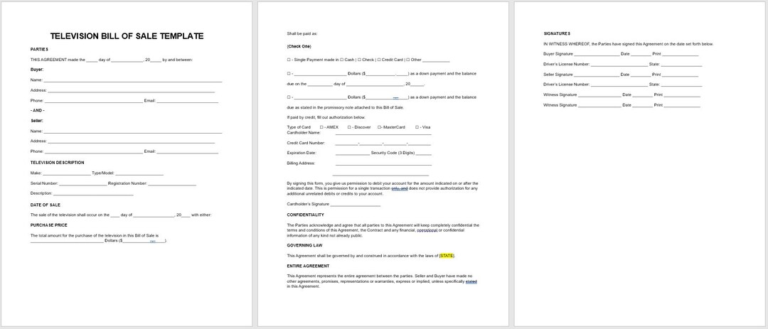 Editable Television Bill of Sale Template, Editable Bill of Sale, Bill ...