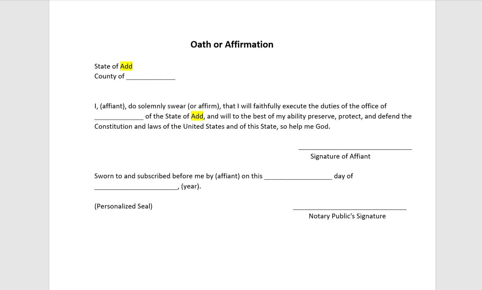 Oath or Affirmation Notary Form Template, Affidavit of Single Status ...