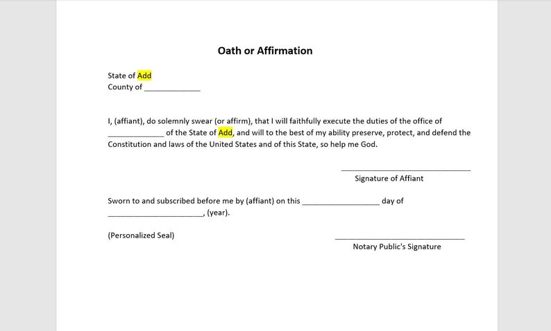 Oath or Affirmation Notary Form Template, Affidavit of Single Status ...
