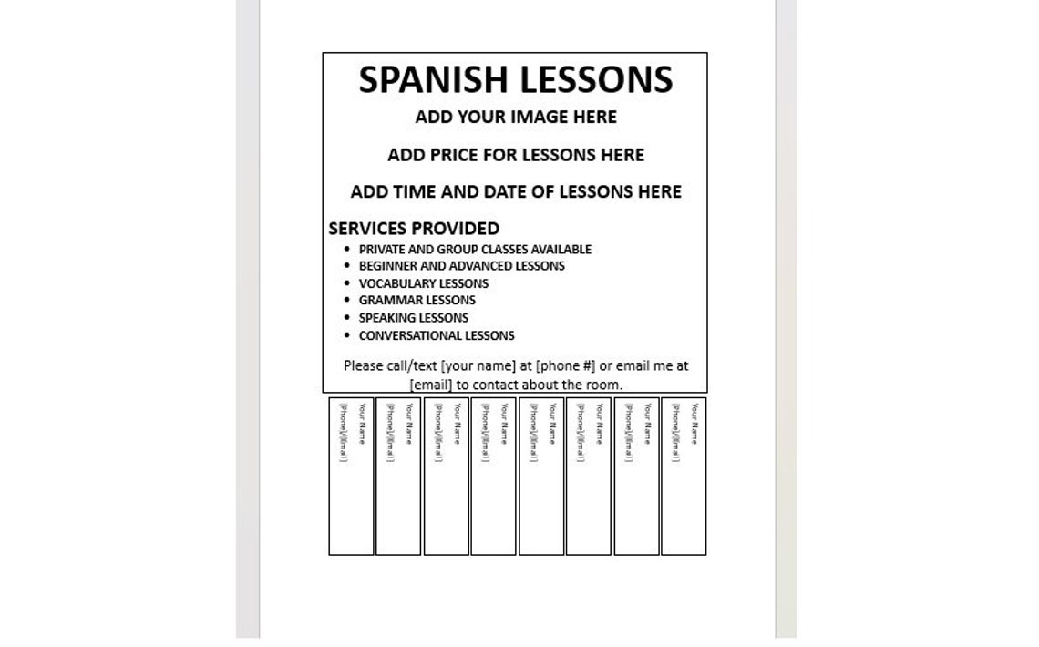 Editable Spanish Lessons Tear-off Flyer, Tear-off Flyer Template ...