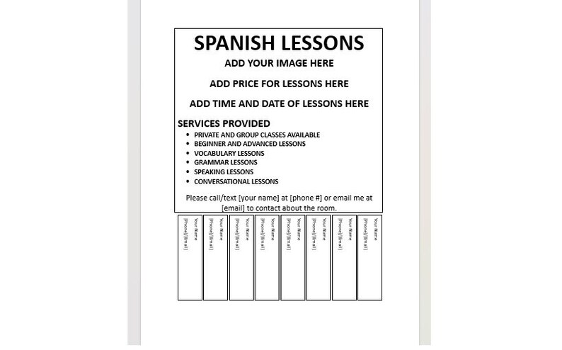 Editable Spanish Lessons Tear-off Flyer, Tear-off Flyer Template ...