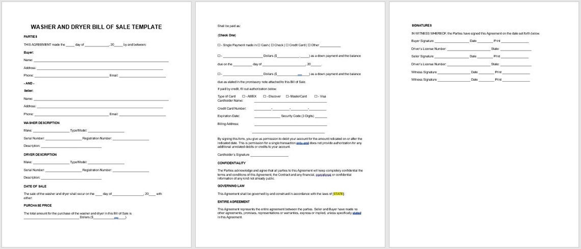 Editable Washer and Dryer Bill of Sale Template, Editable Bill of Sale ...