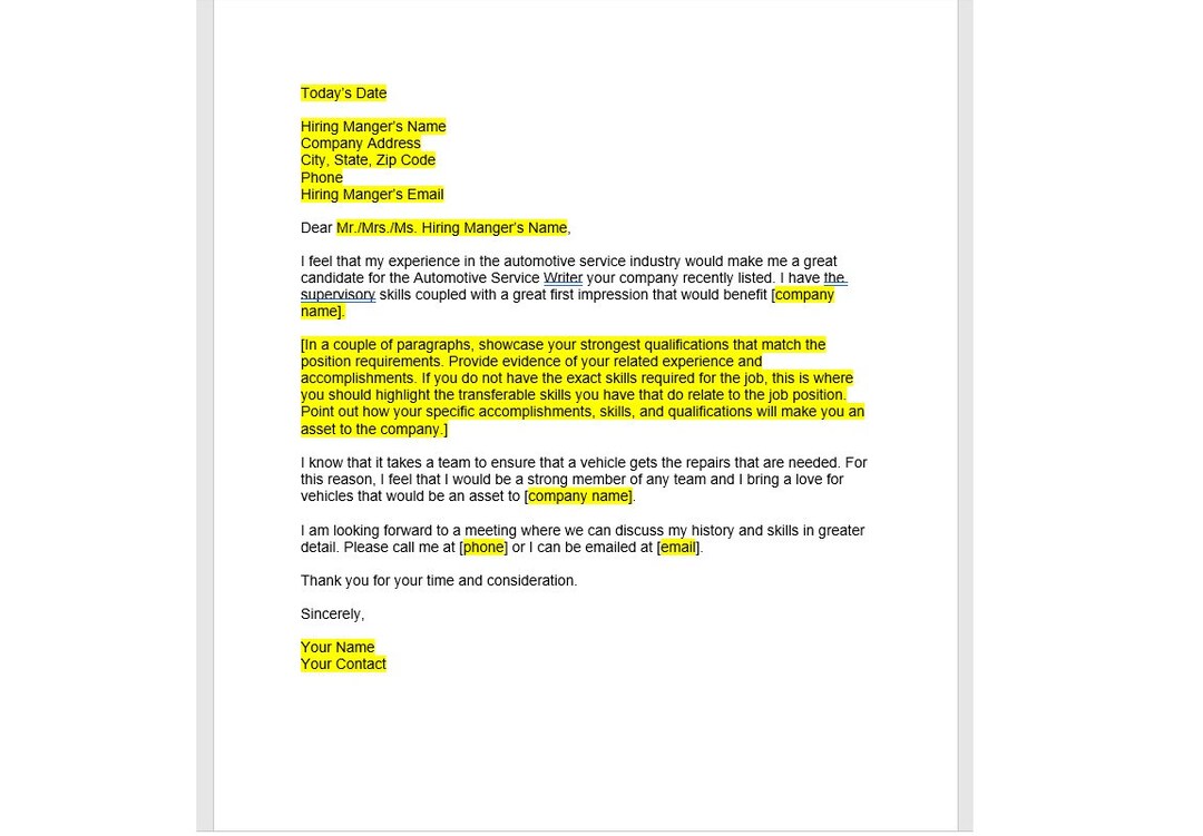 Automotive Service Writer Cover Letter, Auto Service Writercover Letter ...