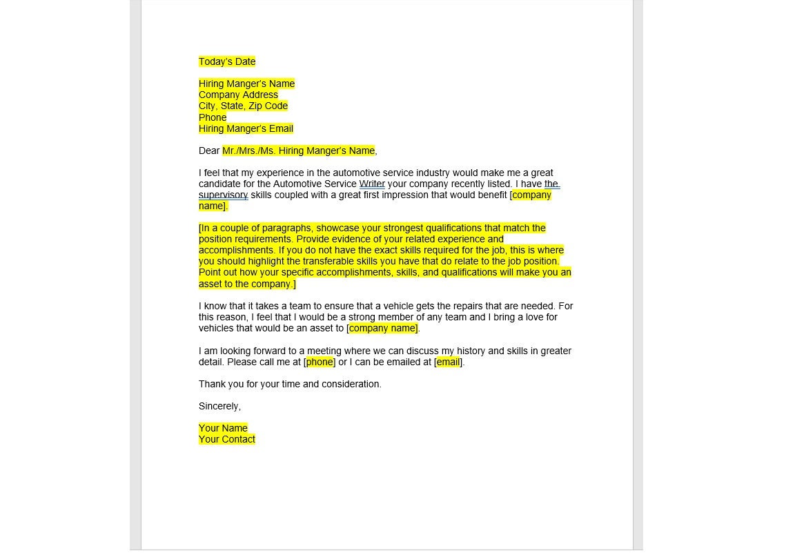 Automotive Service Writer Cover Letter, Auto Service Writercover Letter ...