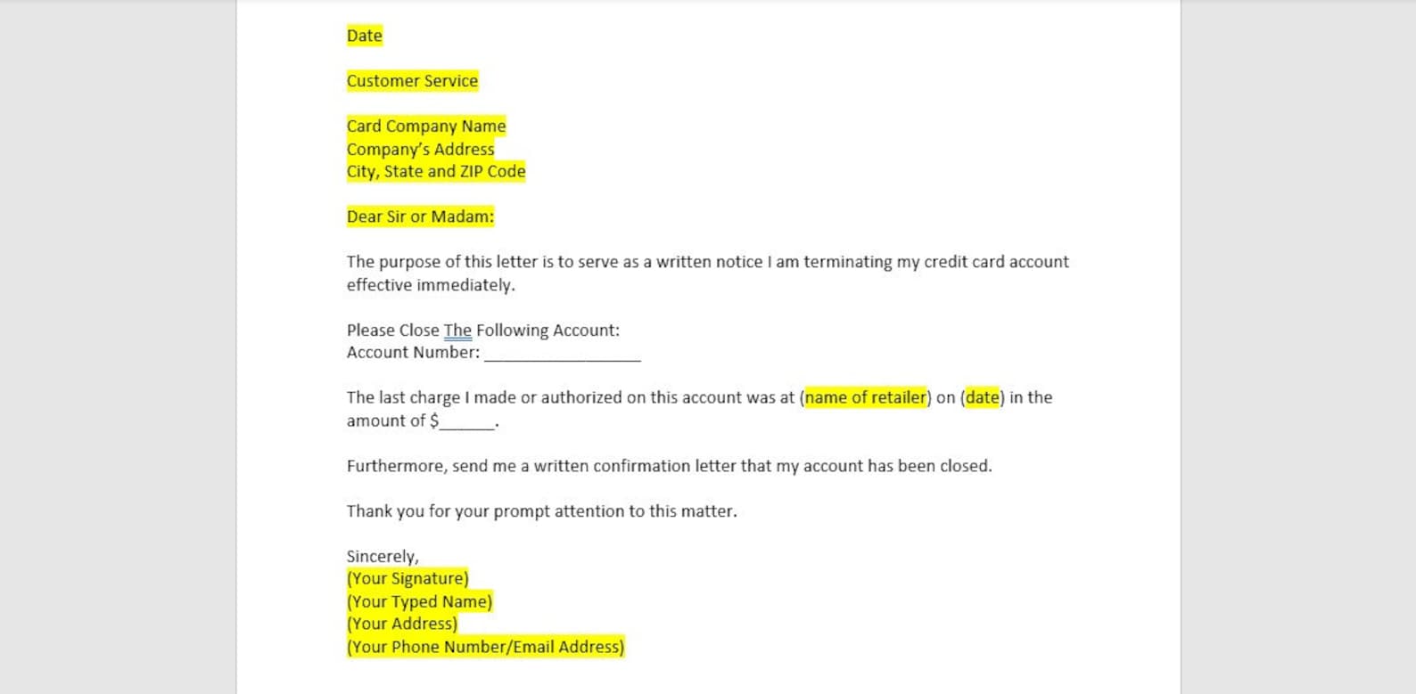 Credit Card Cancellation Letter Template, Credit Card Cancellation ...