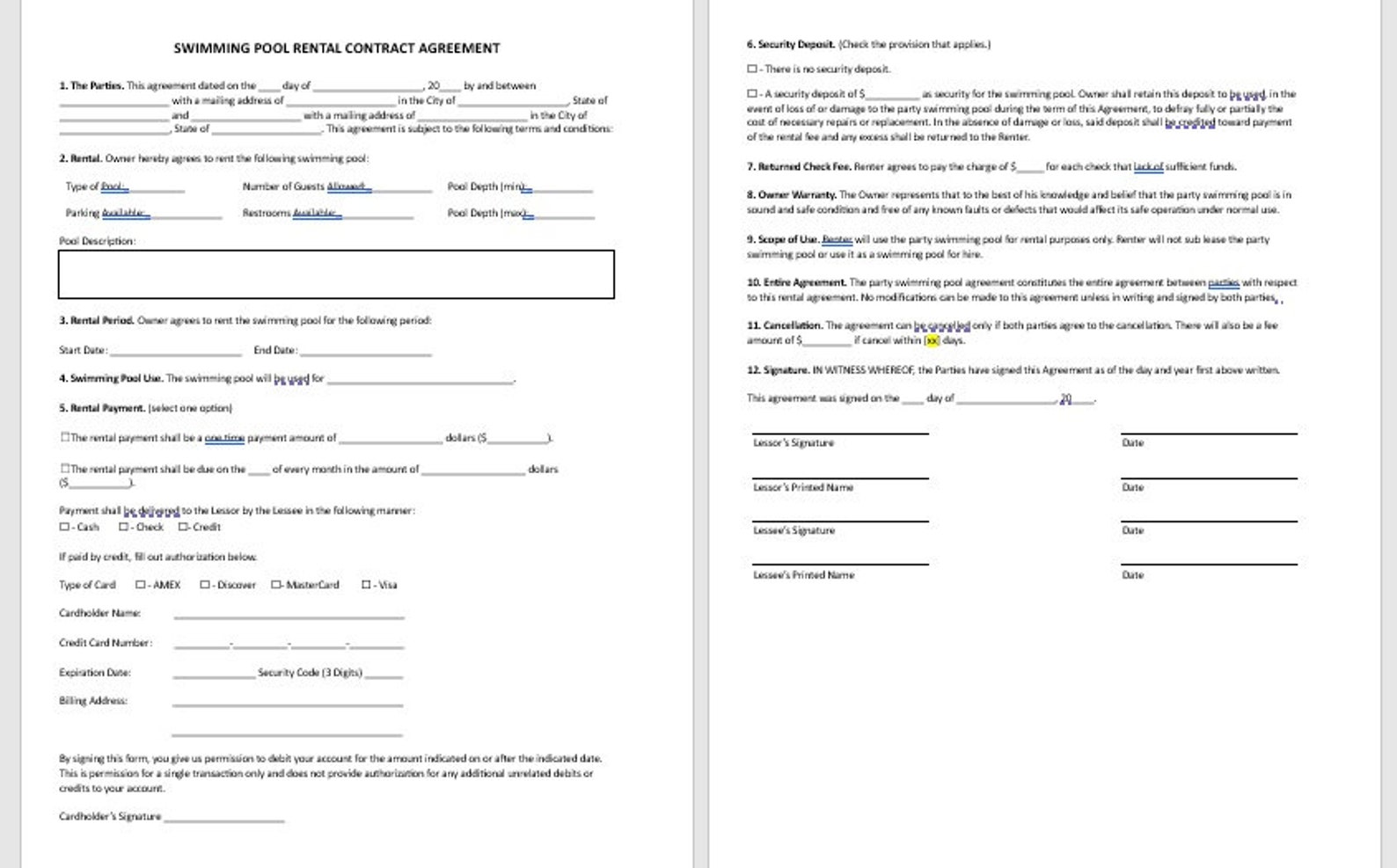 Editable Swimming Pool Rental Contract Agreement, Swim Pool Rental ...