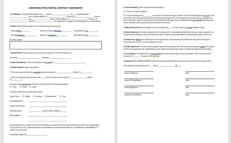 Editable Swimming Pool Rental Contract Agreement, Swim Pool Rental ...
