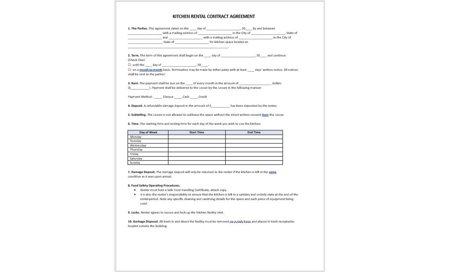 Kitchen Rental Agreement, Kitchen Rental Rental Agreement Template ...