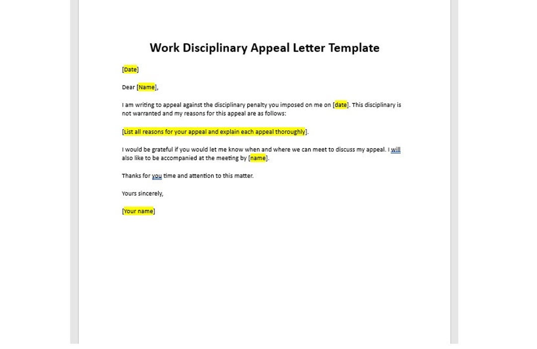 Editable Work Disciplinary Appeal Letter Template, Work Disciplinary ...
