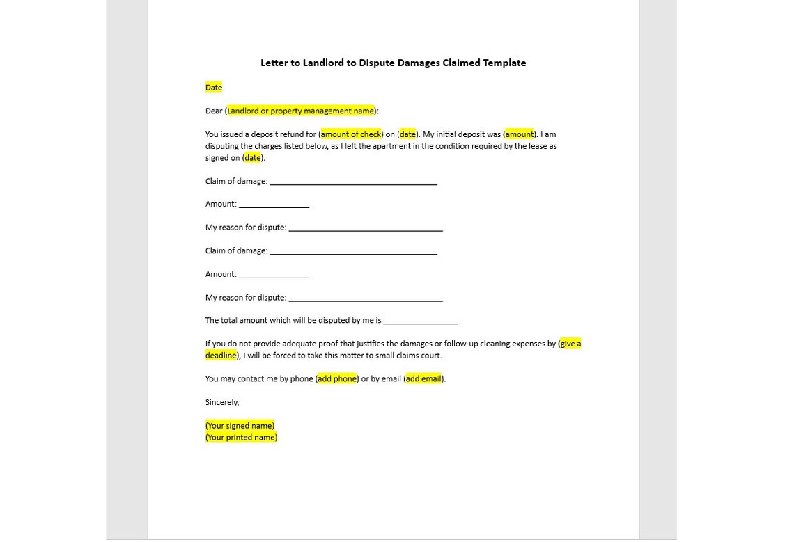 Editable Letter to Landlord to Dispute Damages Claimed Template ...