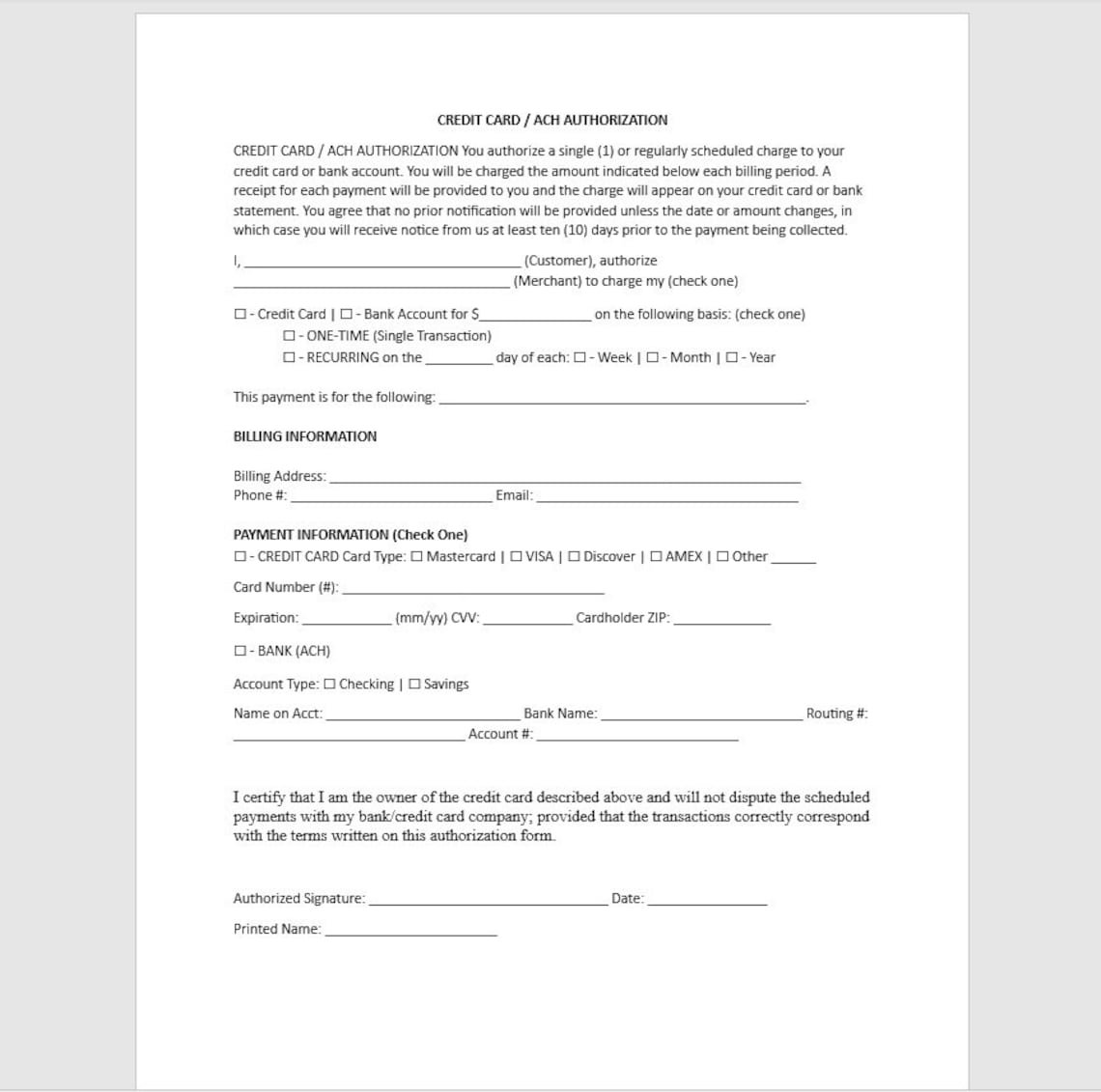 Credit Card Authorization, Credit Card Authorization Template ...