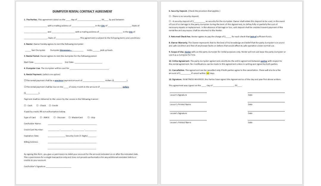 Editable Dumpster Rental Contract Agreement, Dumpster Rental Contract ...