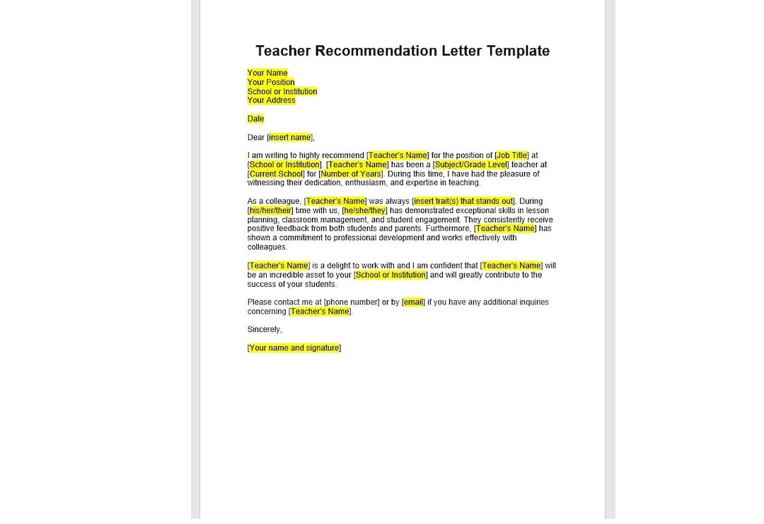 Letter of Recommendation for a Teacher, Letter of Recommendation for a ...