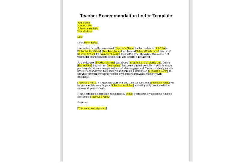 Letter of Recommendation for a Teacher, Letter of Recommendation for a ...