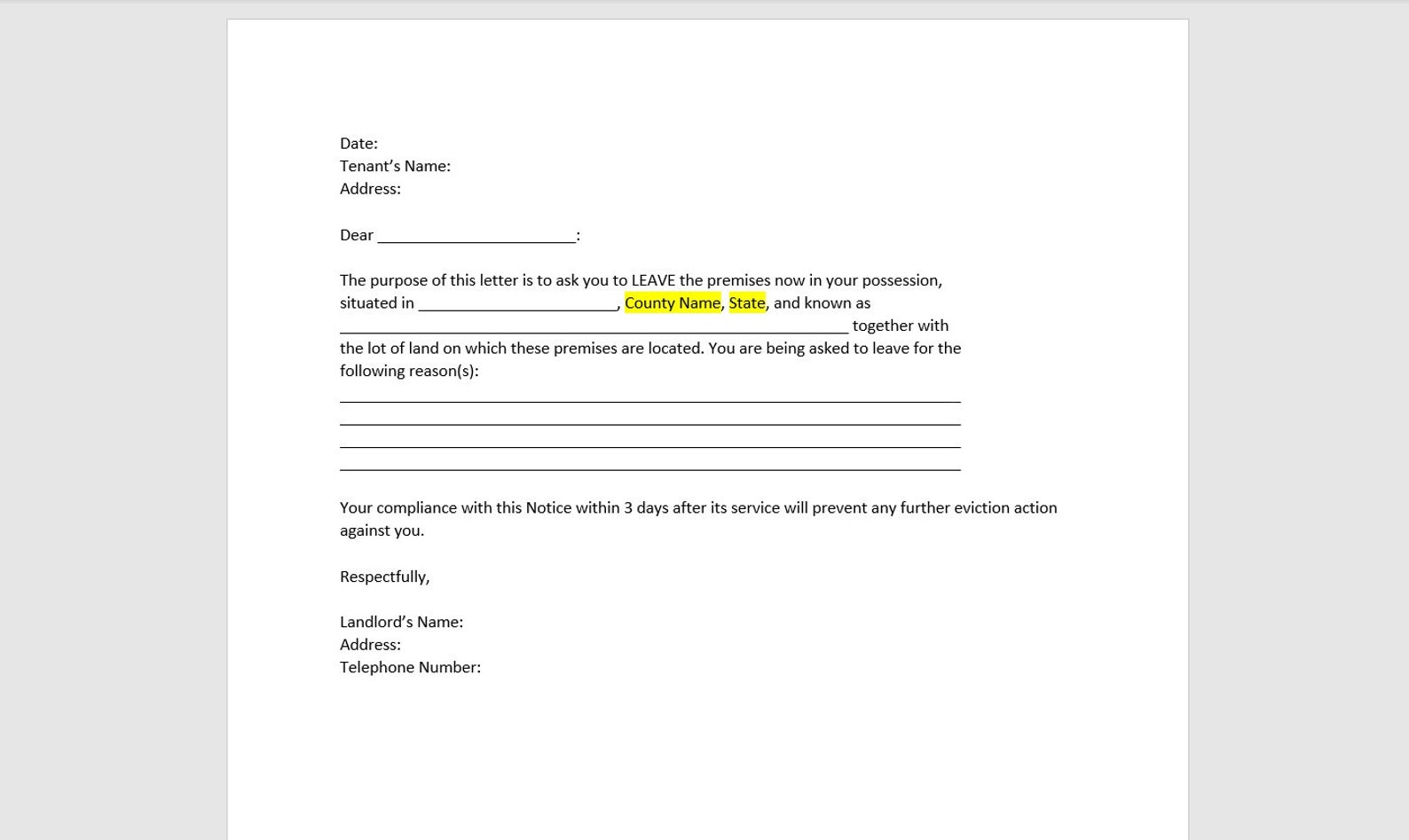 Three Day Eviction Notice Letter Template, Eviction Notice Letter ...