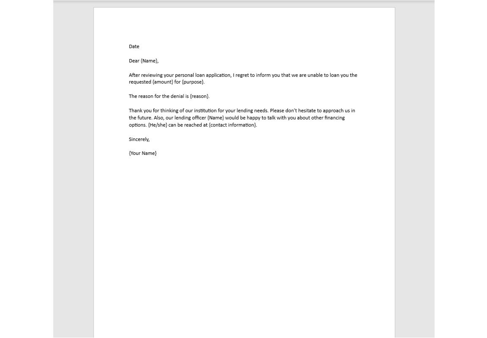 Editable Personal Loan Rejection Letter, Personal Loan Rejection Letter ...