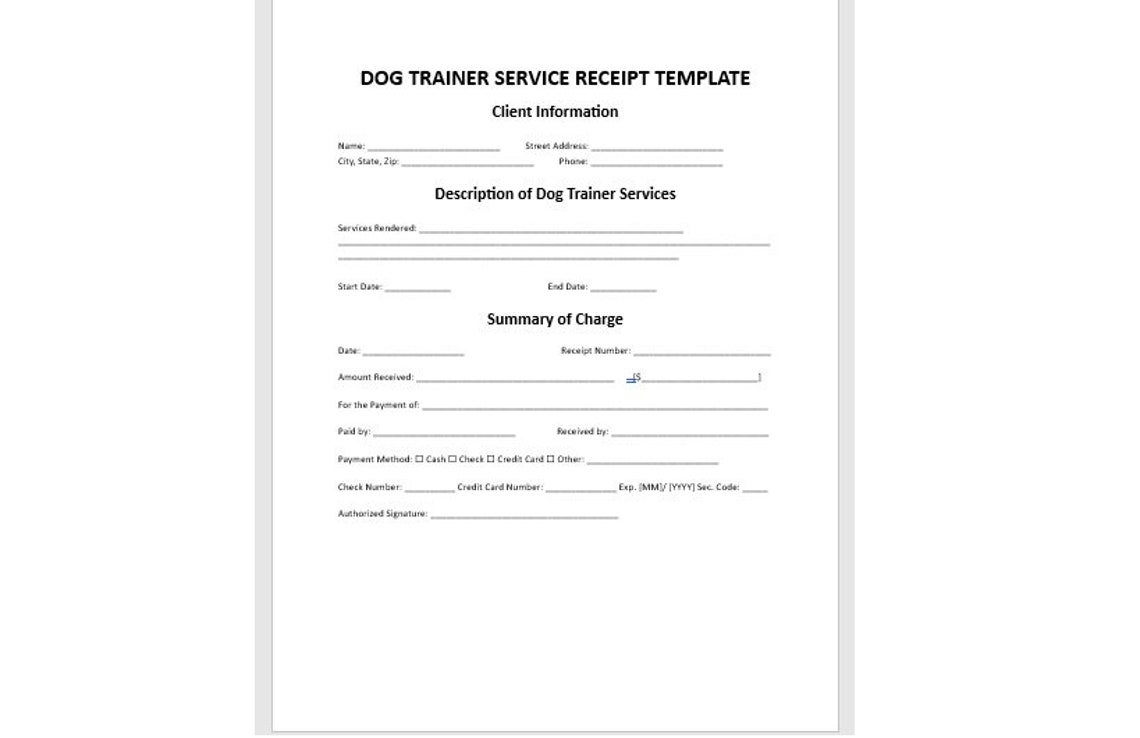 Dog Trainer Receipt Template, Receipt, Receipt Template, Word Template ...