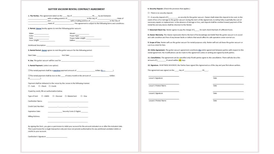 Editable Gutter Vacuum Rental Contract Agreement, Gutter Vacuum Rental ...
