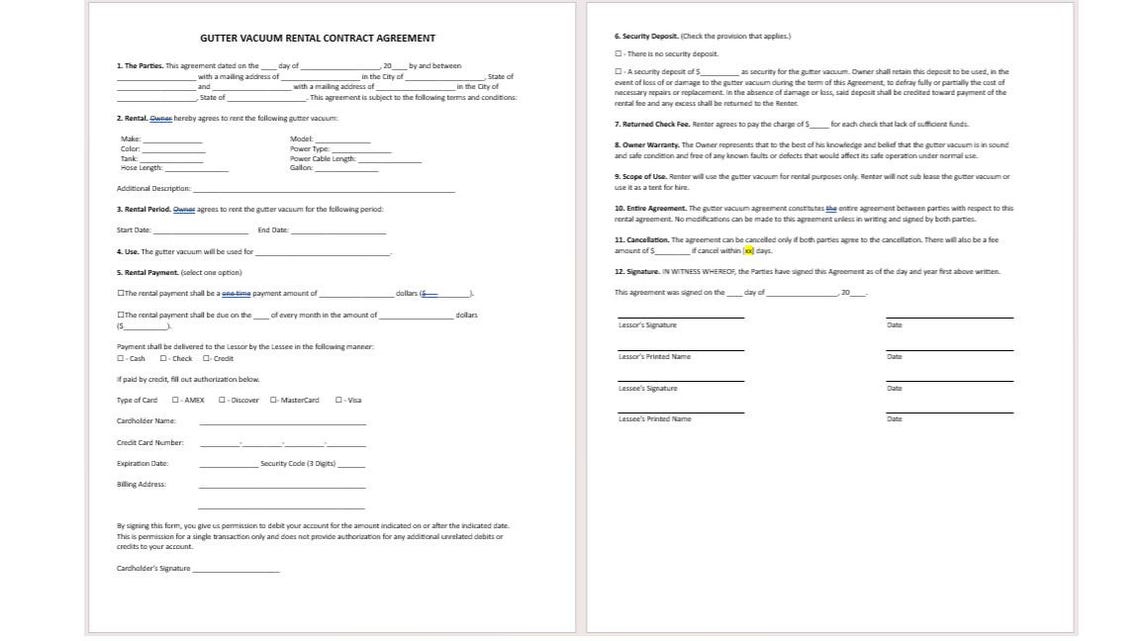 Editable Gutter Vacuum Rental Contract Agreement, Gutter Vacuum Rental Contract Template, Gutter ...