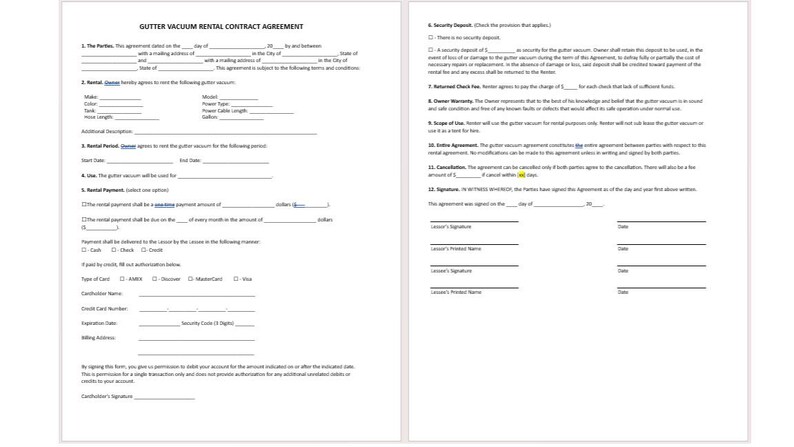 Editable Gutter Vacuum Rental Contract Agreement, Gutter Vacuum Rental ...
