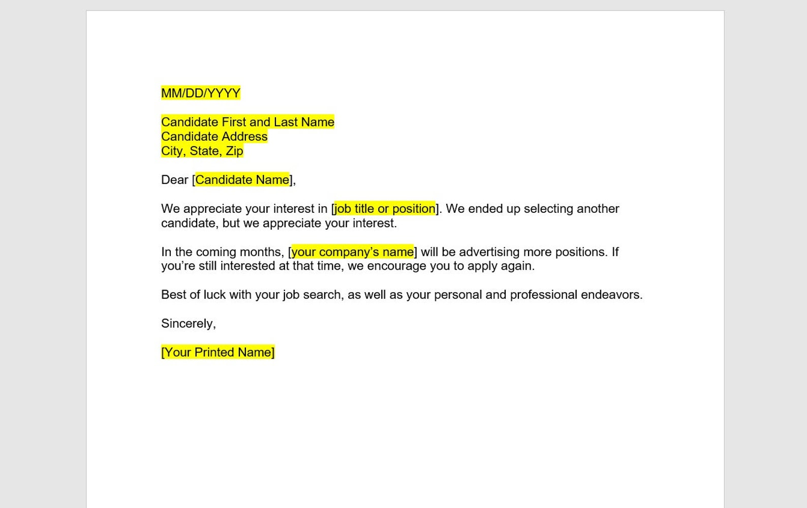 Employee Rejection Letter Template, Employee Rejection Letter ...