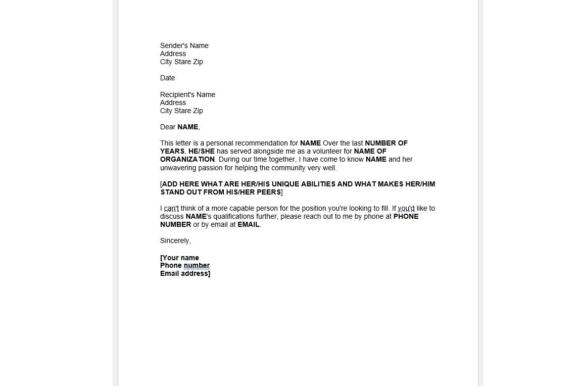 Community Service Recommendation Letter Template, Community Service ...