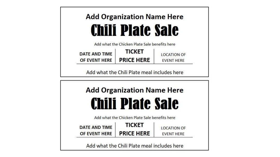 Chili Plate Sale Ticket, Chili Plate Sale Fundraiser Ticket, Chili ...