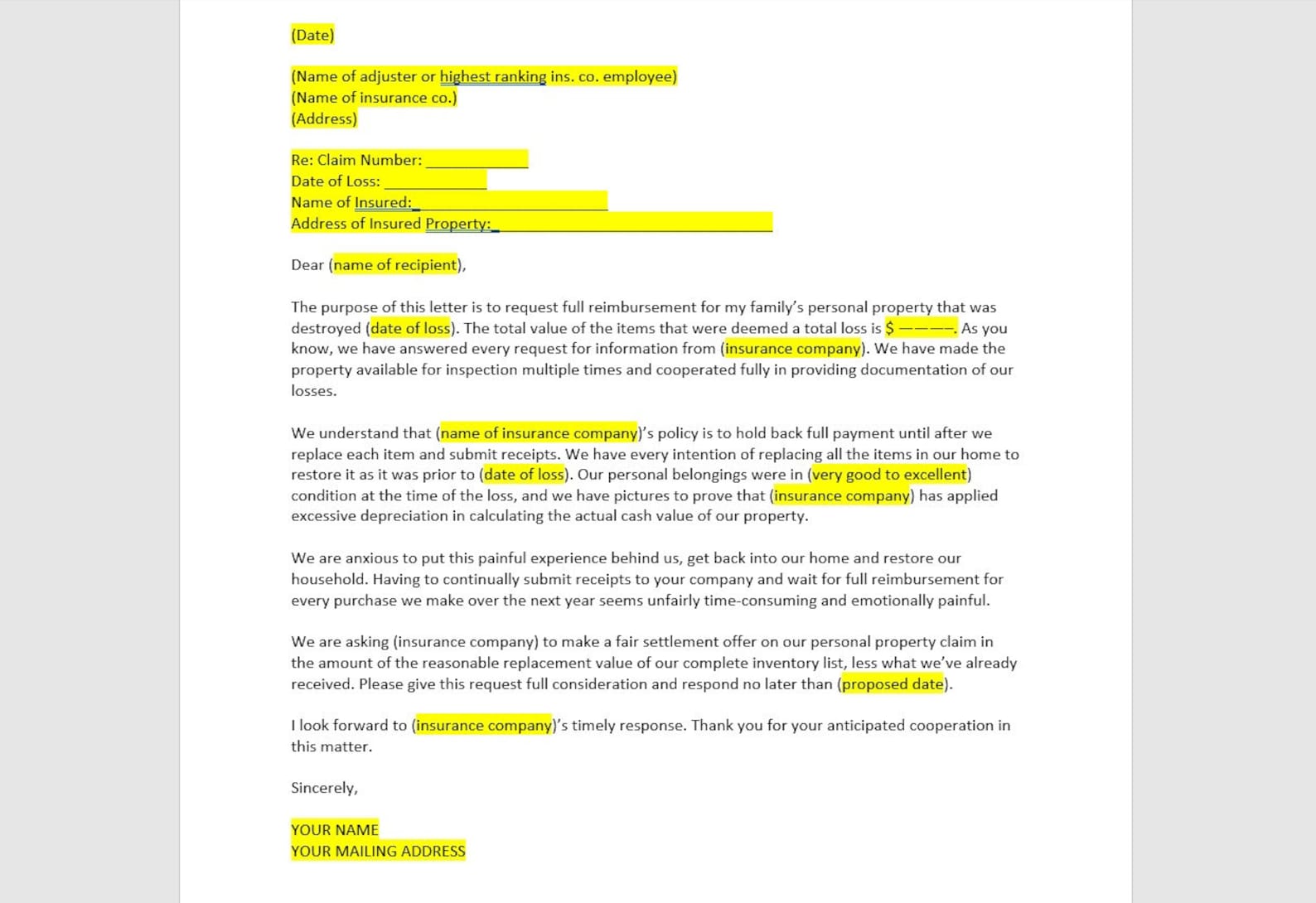 Personal Property Claim Settlement Letter Template, Personal Property ...