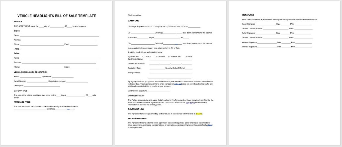 Editable Vehicle Headlights Bill of Sale Template, Editable Bill of ...