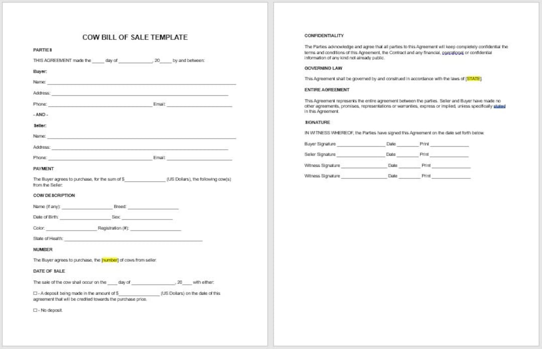 Editable Cows Bill of Sale Template, Editable Bill of Sale, Bill of ...