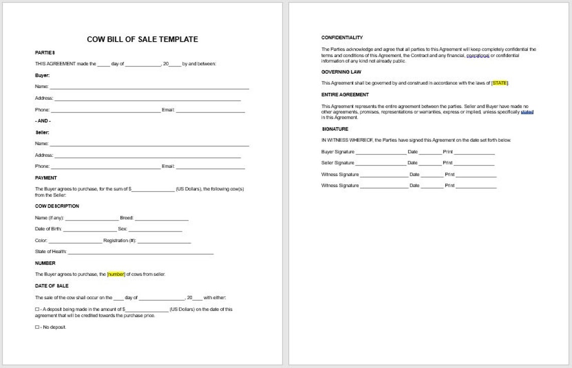 Editable Cows Bill of Sale Template, Editable Bill of Sale, Bill of ...