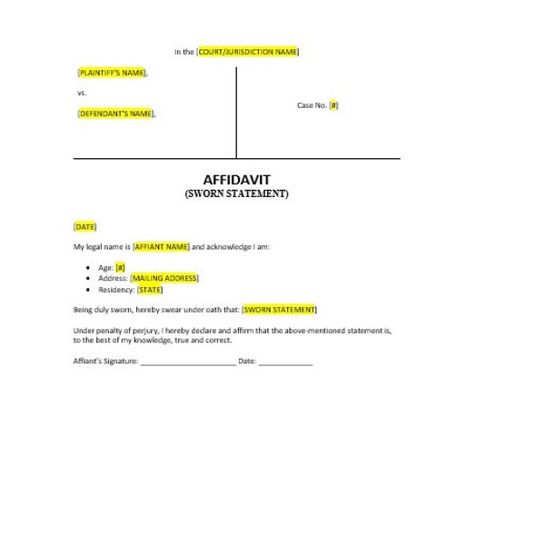 General Affidavit Template - Etsy UK