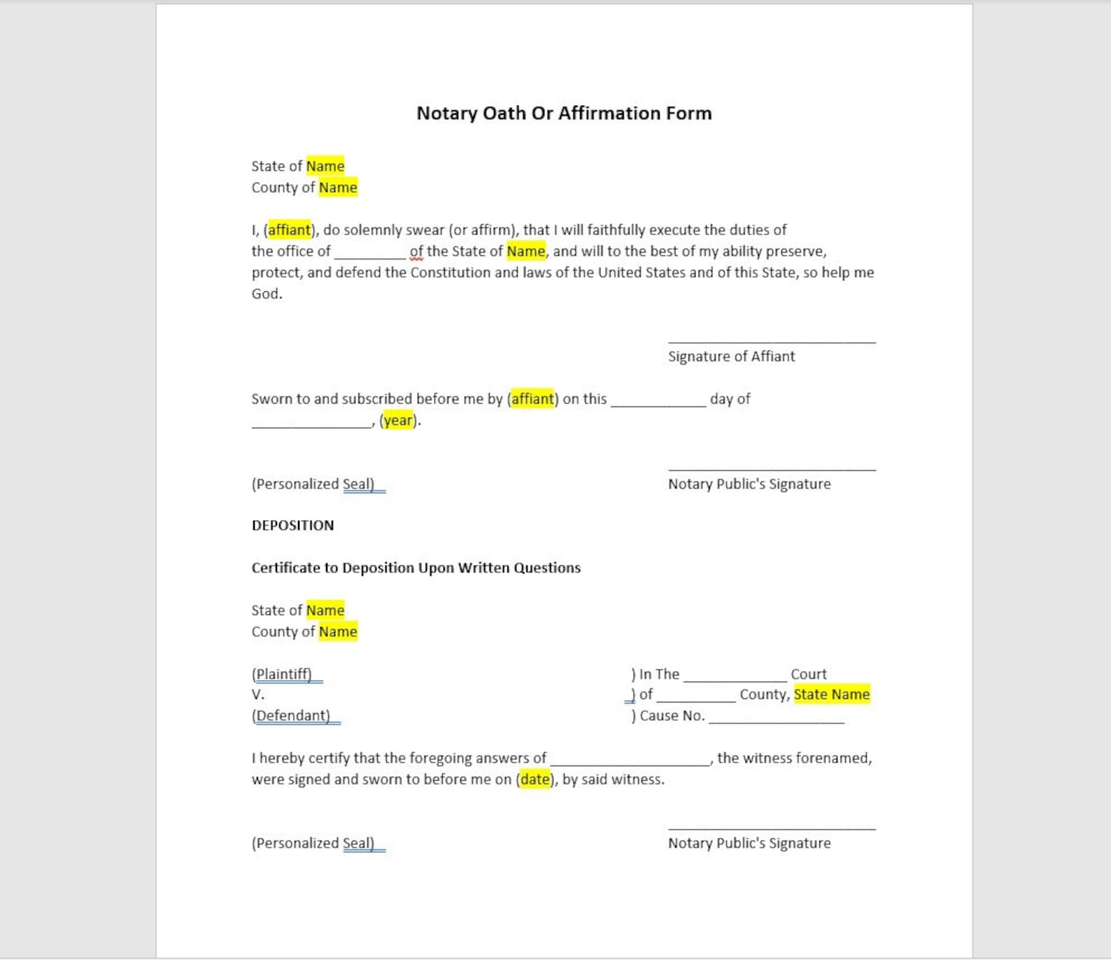 Notary Oath or Affirmation Form, Notary Oath or Affirmation Form ...