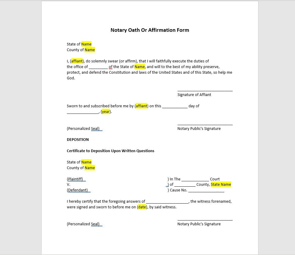 Notary Oath or Affirmation Form, Notary Oath or Affirmation Form Template, Notary Oath or ...