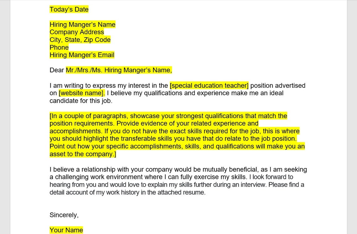 Special Education Teacher Cover Letter, Cover Letter Template, Editable ...
