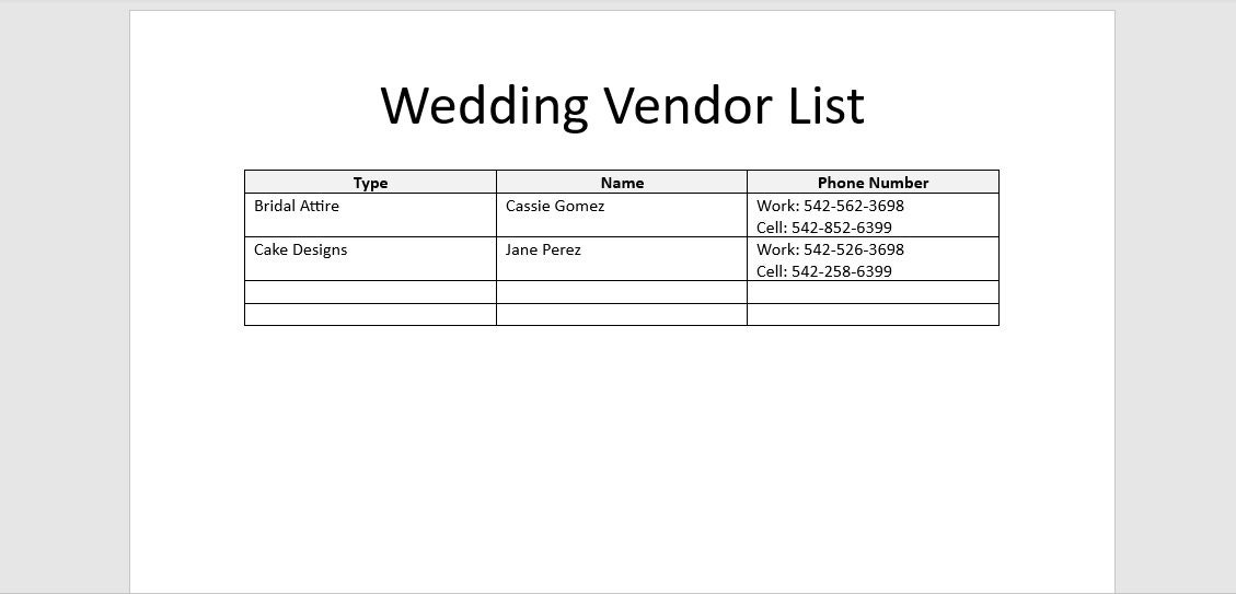 Wedding Vendor List Template Excel