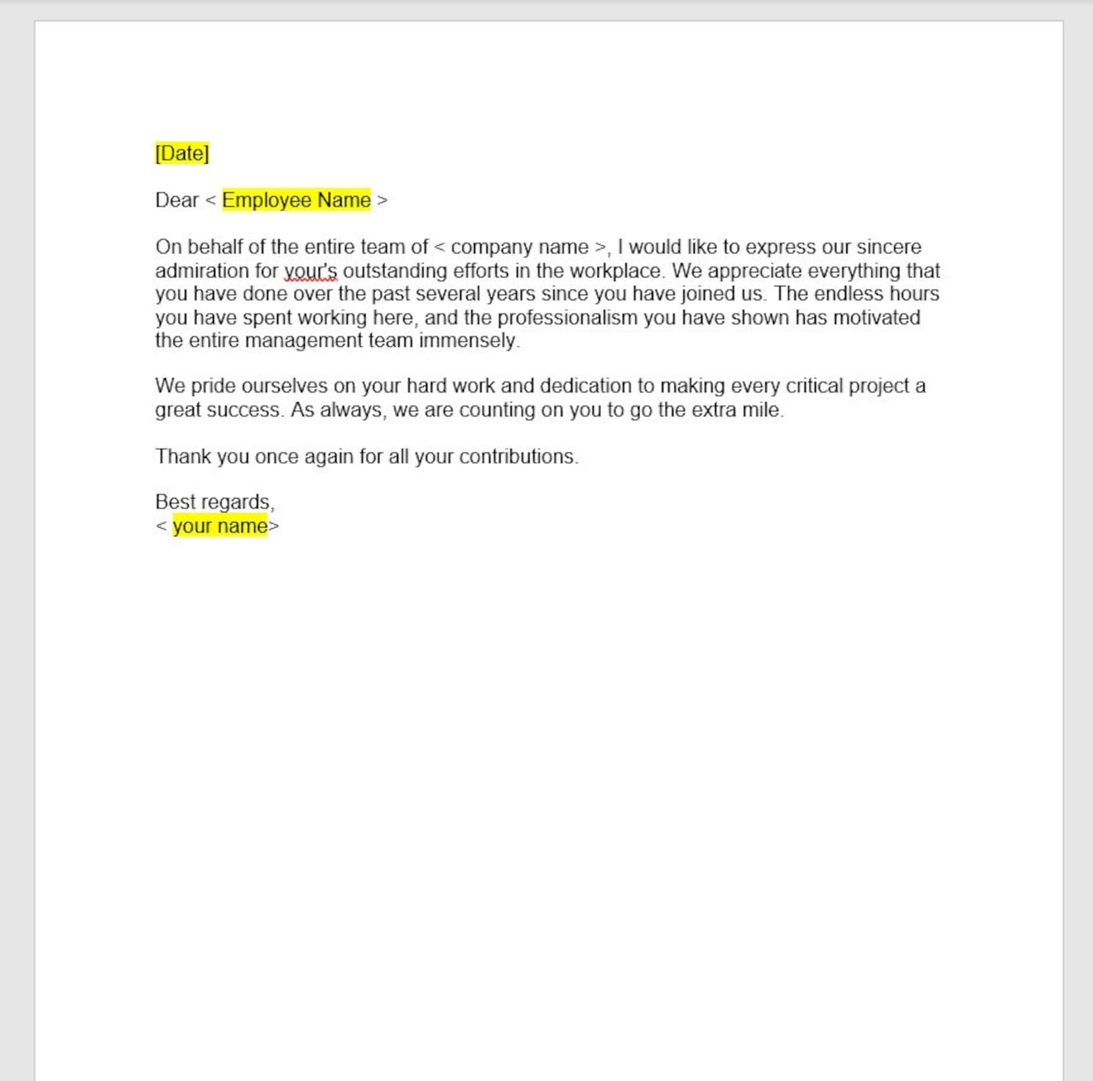 Employee Appreciation Letter Template, Employee Appreciation Letter ...