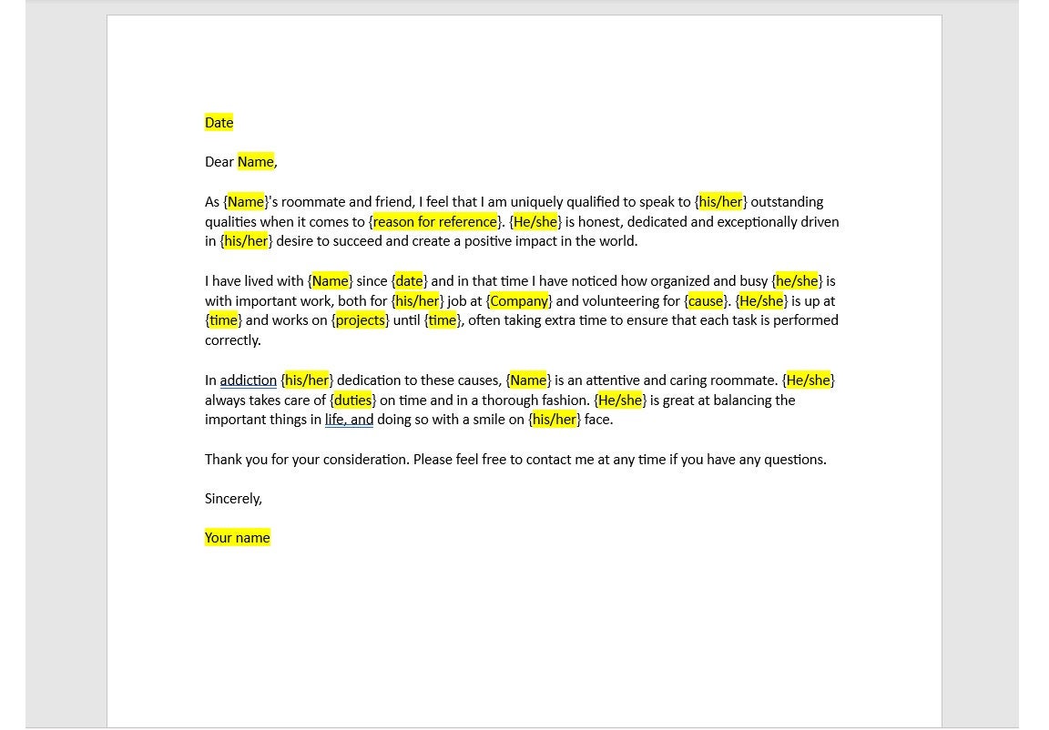 Editable Character Reference From Roommate, Roommate Reference Template ...