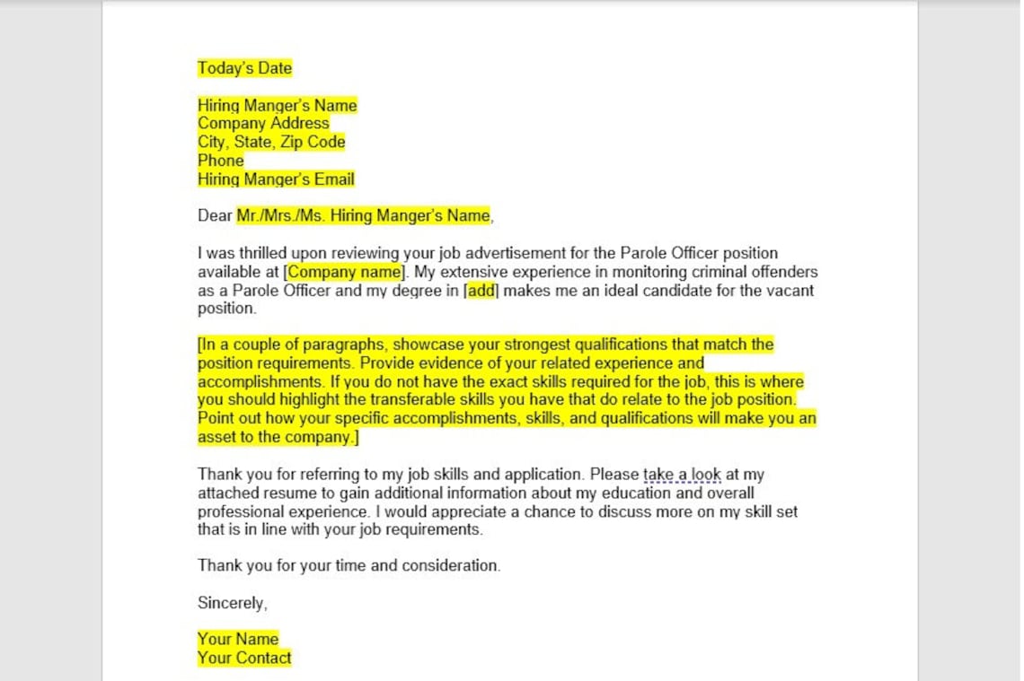 Parole Officer Cover Letter, Cover Letter Template, Editable Cover ...