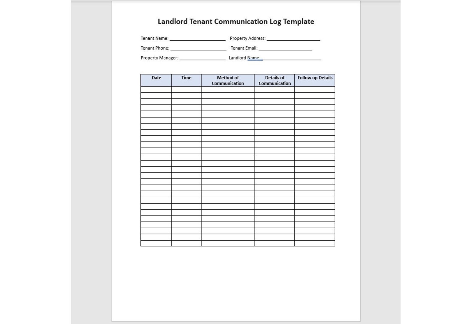 Editable Communication Log, Landlord Tenant Communication Log ...