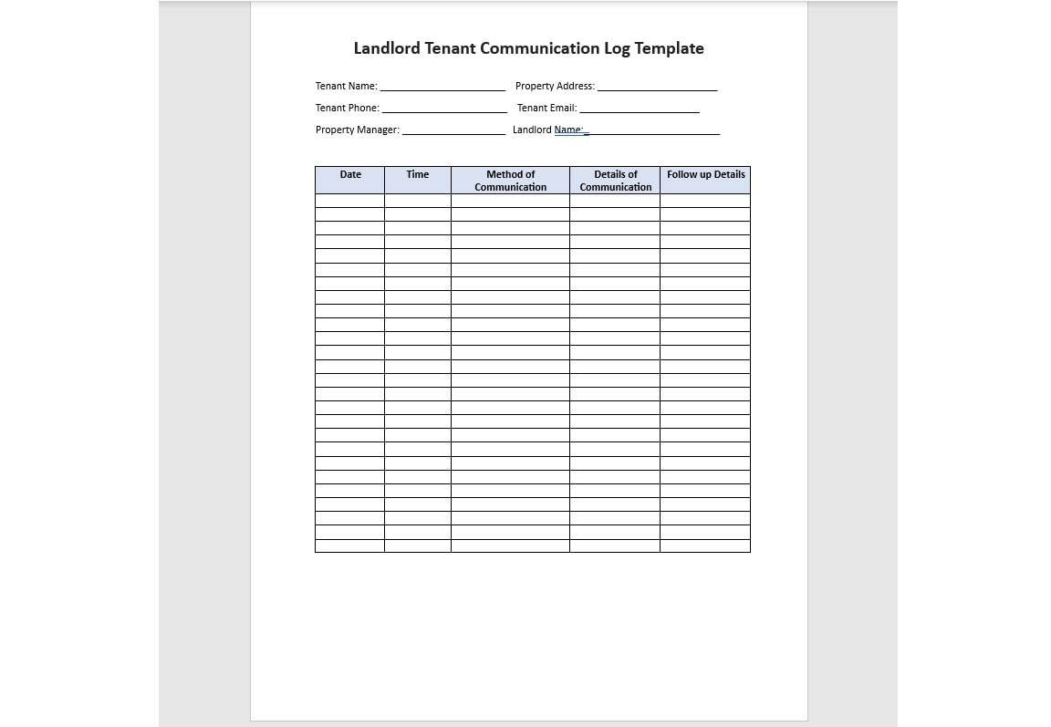 Editable Communication Log, Landlord Tenant Communication Log, Communication Record, Landlord ...