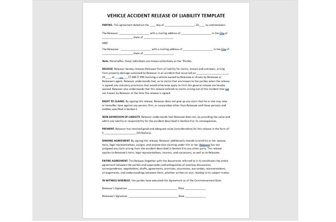 Editable Release of Car Accident Liability, Release of Liability ...