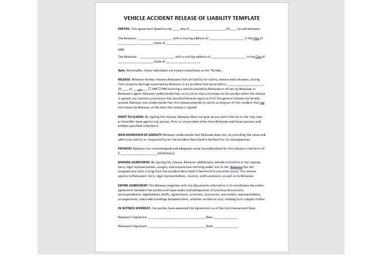 Editable Release of Car Accident Liability, Release of Liability ...