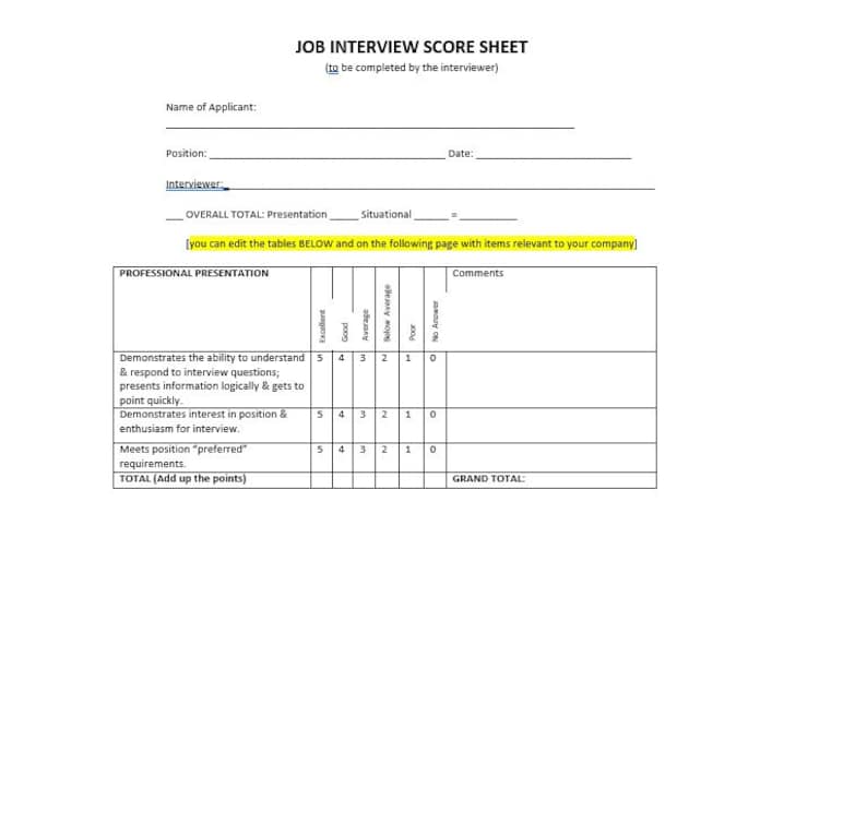 Job Interview Score Sheet Template, Job Interview Score Sheet ...