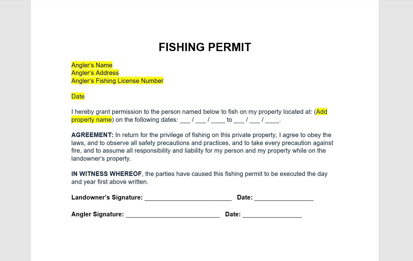 Private Fishing Permit Agreement, Fishing Permit Agreement Template ...